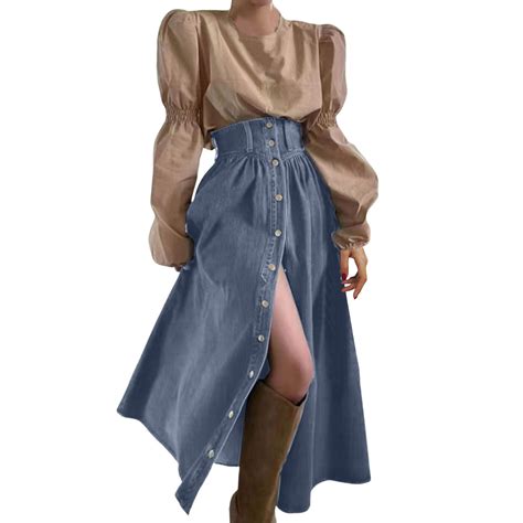 Qhfbli Womens High Waist Long Denim Skirt Button Down Swing A Line Jean