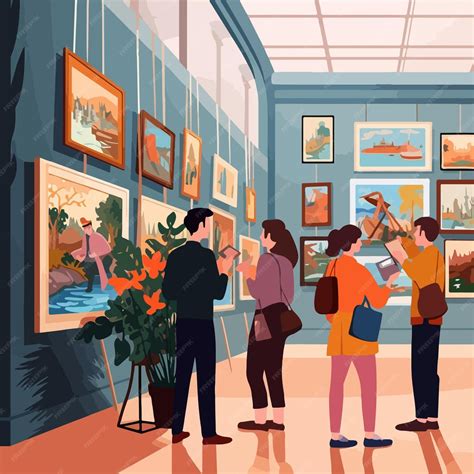 Classic Art Gallery Visitors Viewing Masterpieces Exhibition Premium