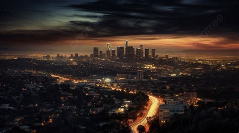 The Skyline Of Los Angeles Is Lit Up In The Dark Background Los