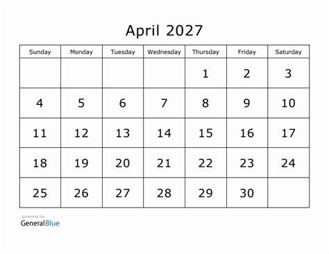 Blank April 2027 Calendar