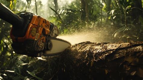A Chainsaw Slices Through A Tree Trunk Sending Sawdust Flying In A Vibrant Forest Setting
