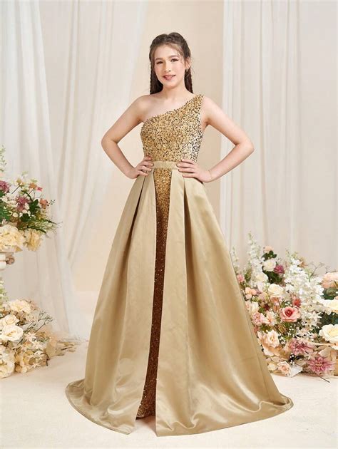 Teen Girls One Shoulder Sequin Splice Satin Party Prom Dress With