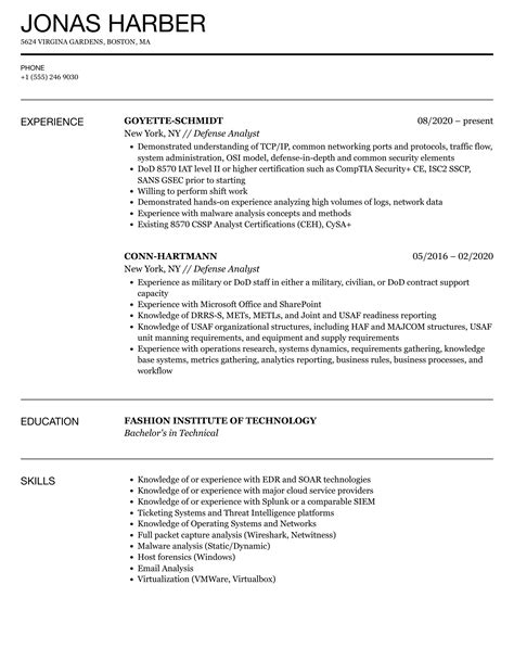 Defense Analyst Resume Samples Velvet Jobs