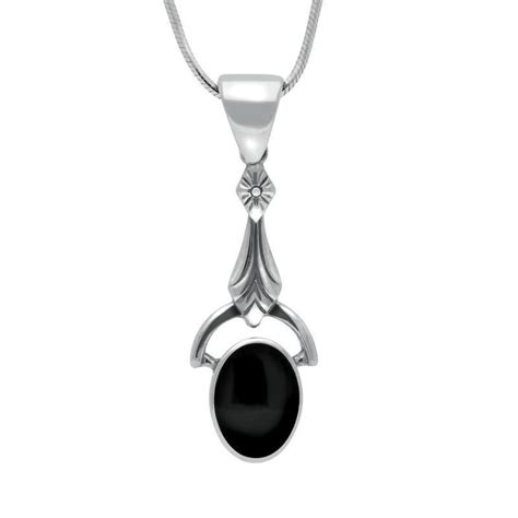 Sterling Silver Whitby Jet Oval Art Deco Drop Necklace P074 Necklace