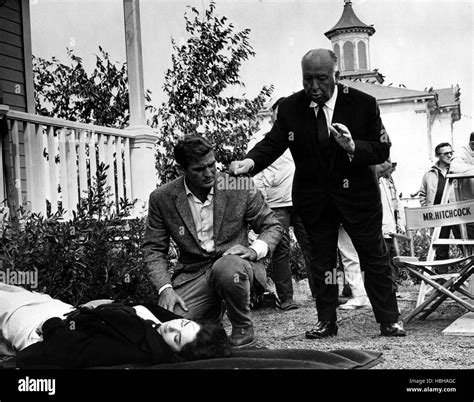 The Birds Suzanne Pleshette Rod Taylor Director Alfred Hitchcock Rehearsing A Scene For The