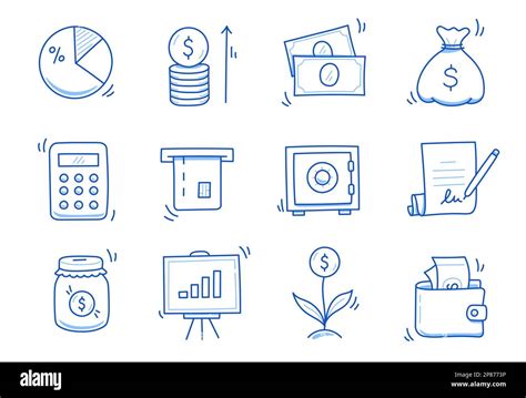 Hand Drawn Business Icon Set Finance Money Investment Icon Sketch Doodle Blue Pen Stroke