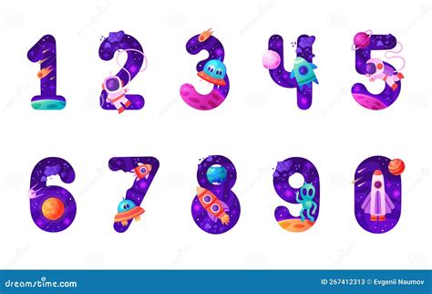 Space Numbers And Cosmic Numeral With Shuttle And Planet Vector Set