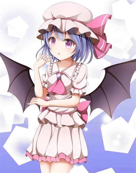 Safebooru 1girl O Arm Up Ascot Bat Wings Blue Hair Brooch Elbow Rest