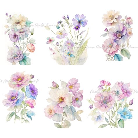 Pastel Floral Clip Art  Elements Pastels Flower Bouquet Watercolor