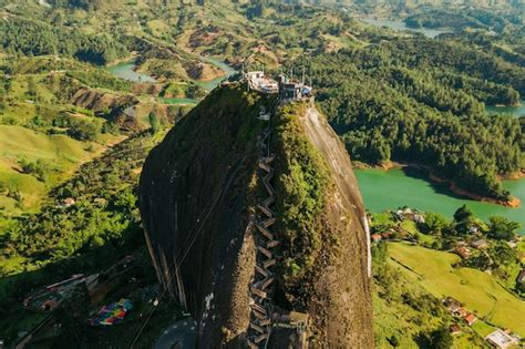 Aerial Beautiful Shot Of Piedra El Penol Guatape Antioquia In Colombia