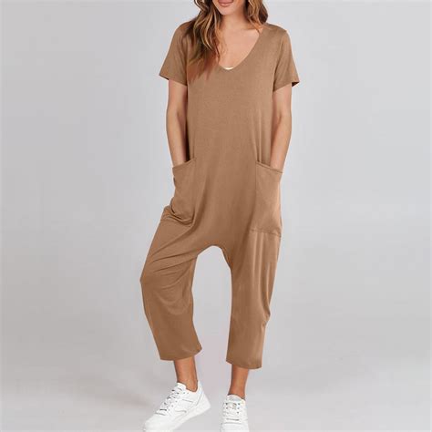Busydd Jumpsuits For Women Short Sleeve Solid Color Casual Jumpsuit Comfy V Neck One Piece