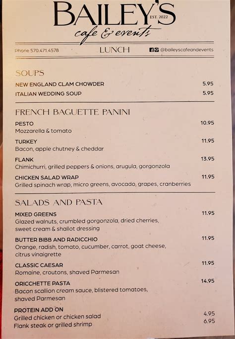 Baileys Cafe And Events Menu Updated 2026