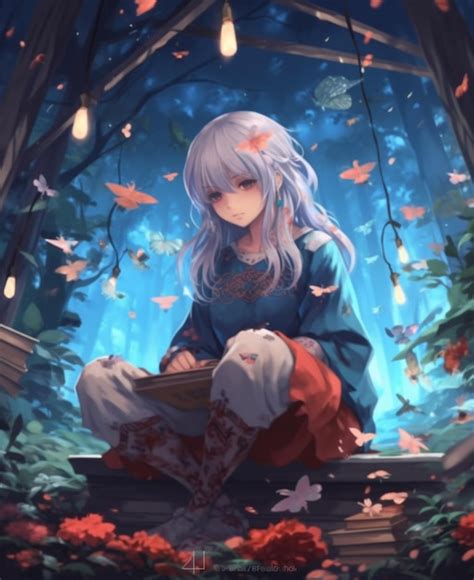 Premium Ai Image Anime Girl Sitting On A Ledge In A Forest With