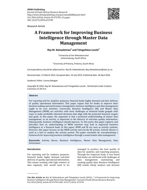 Pdf A Framework For Improving Business Intelligence Through Master Data Management