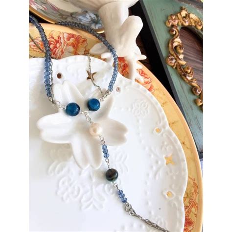 出清款 Jasmine時尚~正韓~人魚傳說 藍色大海的傳說 夢幻藍晶 海水藍紋瑪瑙 天然淡水珍珠 項鍊~現貨~ Yahoo奇摩拍賣