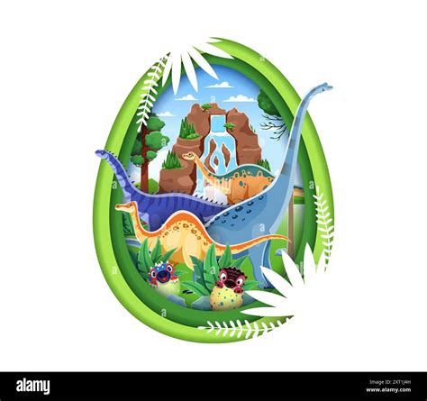 Paper Cut Dino Egg With Funny Dinosaurs Or Jurassic Lizards In Jungles