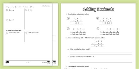 Seventh Grade Adding Decimals Practice Teacher Made