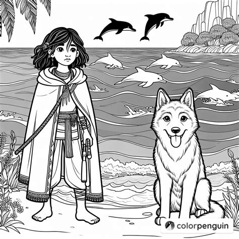 Island Of The Blue Dolphins With Karana And Rontu Coloring Page Free