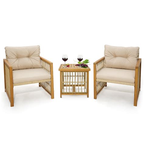 3 Pieces Patio Pe Wicker Conversation Set With Acacia Wood Frame And