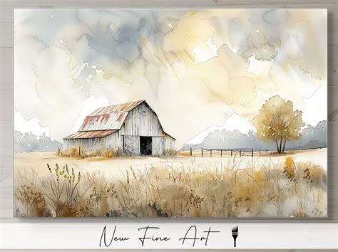 Rustic Barn Watercolor Art Neutral Countryside Farmhouse Decor Country