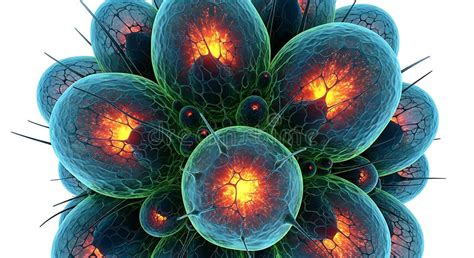 Microscopic View Of Glowing Oval Shaped Bacteria Cluster With Internal