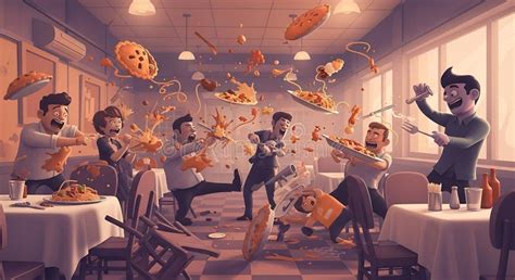 Cartoon Mayhem A Wild Restaurant Food Fight Stock Illustration