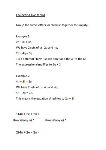 Collecting Like Terms Colour Coded Teaching Resources