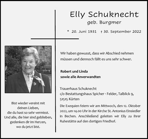 Traueranzeigen Von Elly Schuknecht Trauer In Nrw De