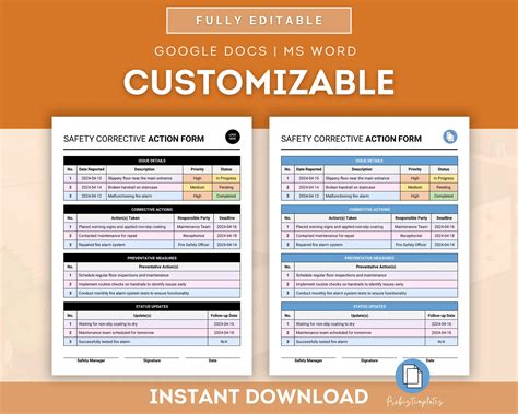 Workplace Safety Corrective Action Form Probiztemplates