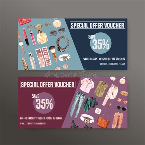 Fashion Voucher Design With Outfit Cosmetics Watercolor Illustration Stock Illustration