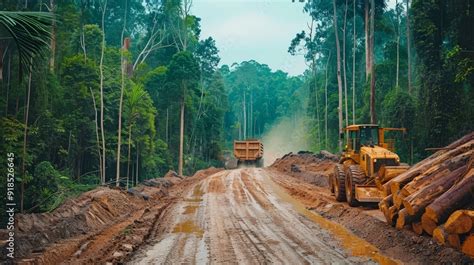 Two Yellow Logging Trucks Drive Down A Muddy Road Through A Cleared