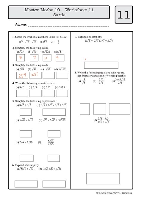 11 Surds Notes Ó Leading Educational Resources Name Master Maths