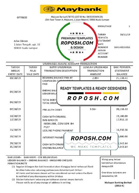 Malaysia Maybank Bank Statement Template Word And Pdf Format Doc And