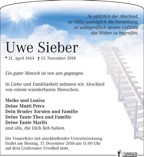 Traueranzeigen Von Uwe Sieber Trauer Anzeigende
