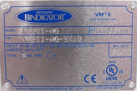 New Bindicator Vrfii Ag Sx10 Level Sensor Vrfiiagsx10 Sb Industrial
