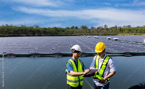 Engineer Working Setup Floating Solar Panels Or Solar Cell Platform