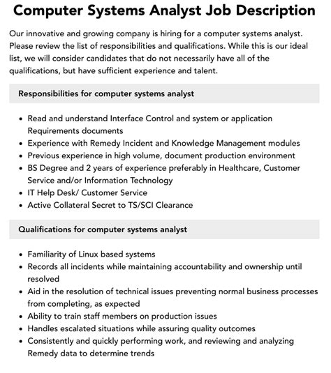 Computer Systems Analyst Job Description Velvet Jobs