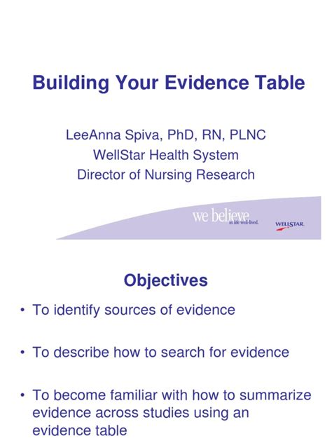 Building Your Evidence Table Leeanna Spiva Phd Rn Plnc Wellstar