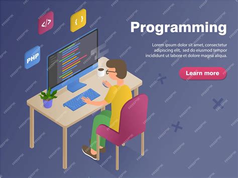 Premium Vector Programmer Man At Work Concept Banner Flat Isometric Vector Illustration