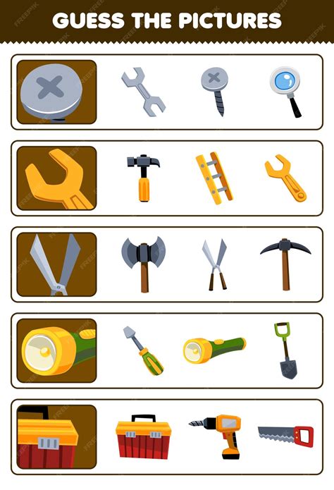 어린이를 위한 교육 게임은 귀여운 만화 나사 렌치 전단 손전등 도구 상자 인쇄 가능한 도구 워크시트의 올바른 그림을 추측합니다 프리미엄 벡터
