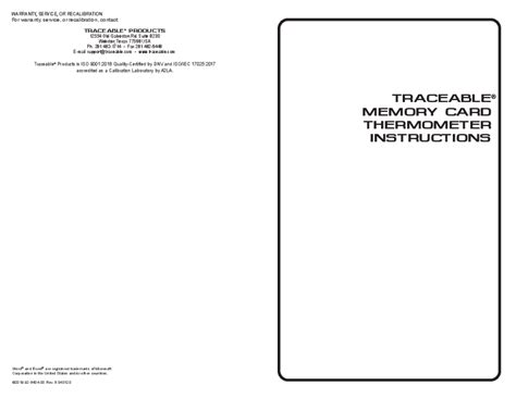 Traceable Memory Card Thermometer Instructions And Specifications