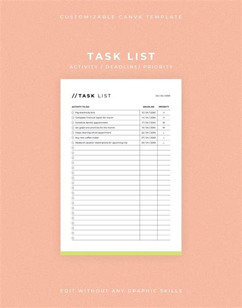 Printable Task Checklist Canva Template Printable To Do List Task List Tracker Brain Dump