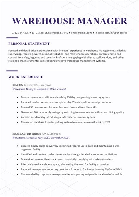 Warehouse Manager Cv Examples Template And Writing Guide