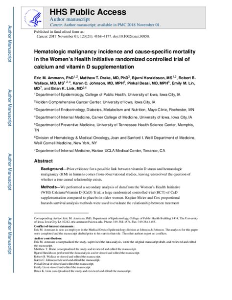 Pdf Hematologic Malignancy Incidence And Cause Specific Mortality In The Womens Health