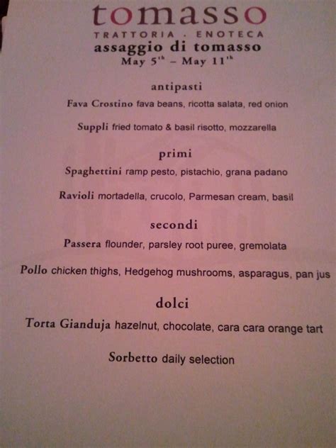 Carta Del Pub Y Bar Tomasso Trattoria And Enoteca Southborough