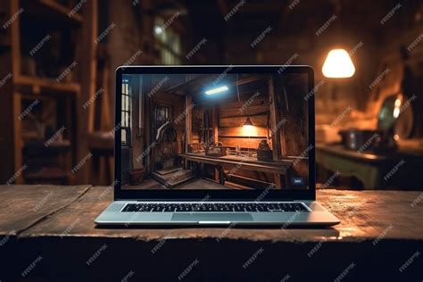 Laptop Screen Reflecting Warm Light In A Cozy Rustic Workshop Filled