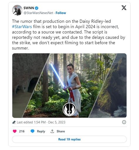 Daisy Ridley Star Wars Movie Suffers Setback Cosmic Book News