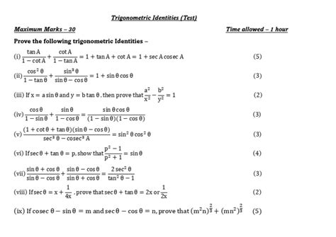 Trigonometric Identities Test Pdf