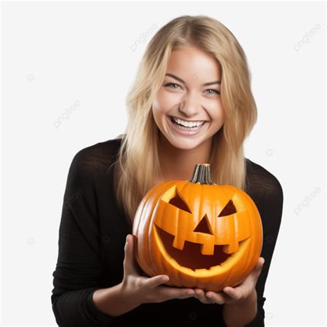 Pretty Blonde Girl Smiling With Halloween Jack O Lantern Pumpkin