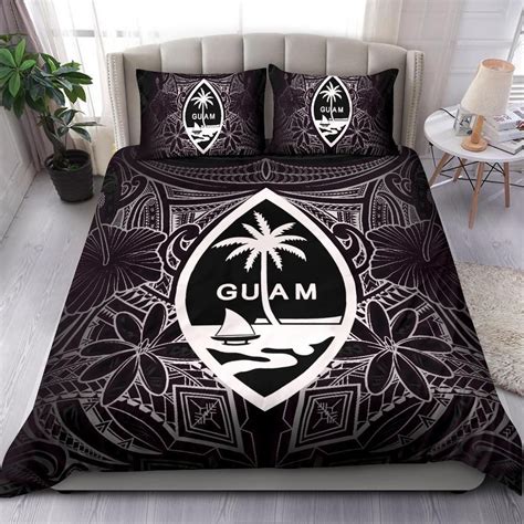 Guam Polynesian Bedding Set White Hibiscus Coat Of Arm Alohawaii